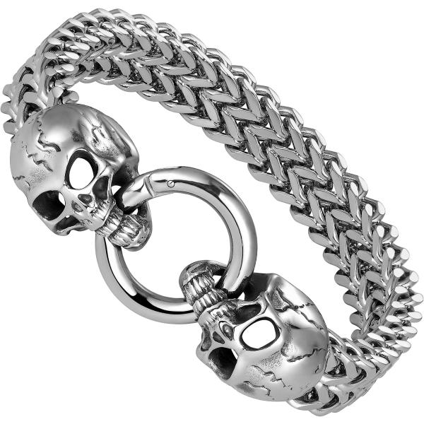 商品名Bold and Gritty メンズ バイカーブレスレット - デススカルデザイン フォックステールチェーン - 光沢シルバー仕上げ - さび&amp;変色に強いステンレススチール製 - 男性用ジュエリーギフトまたはアクセサリーBo...