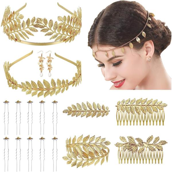 商品名18 Pieces Greek Goddess Headband Crown Roman Laurel Leaf Bracelet Artificial Pearl Leaf Earrings Head Chain Hair Comb...