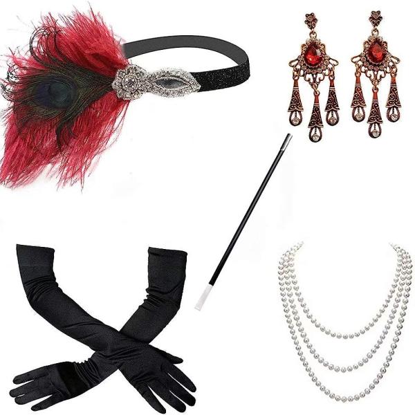 商品名1920年代フラッパーアクセサリーセット レディース 素敵なギャツビーアクセサリー ヘッドバンド イヤリング シガレットネックレスグローブ, レッドセット。, Medium1920s Flapper Accessories Set f...