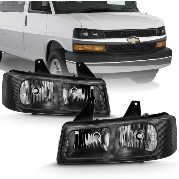 商品名AmeriLite 2003-2019 GMC サバナ シェビー エクスプレス バン ブラック ハウジング アップグレード ハロゲン交換用ヘッドライトコンポジットセット 助手席側と運転席側AmeriLite Black Housing...