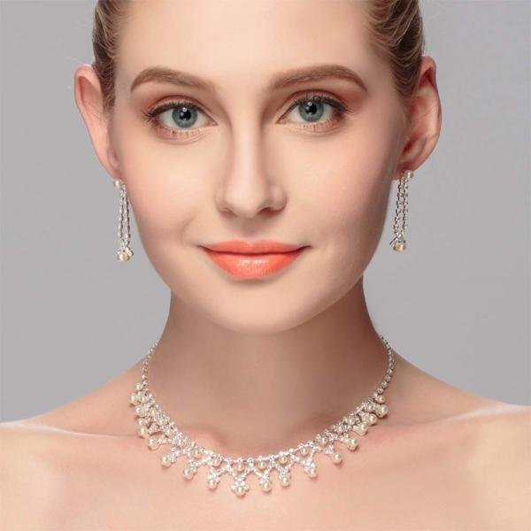 商品名Anglacesmade Bridal Crystal Pearl Necklace and Earrings Set Rhinestone Statement Necklace Dangle Earrings Sparkling G...