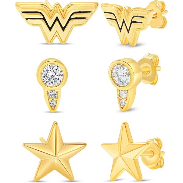 商品名DC Comics ワンダーウーマン 1984 公式ライセンス イエローゴールドメッキ スタッドピアスセット 3組DC Comics Wonder Woman Stud Earrings Set, 3 Pairs, Gold Plat...