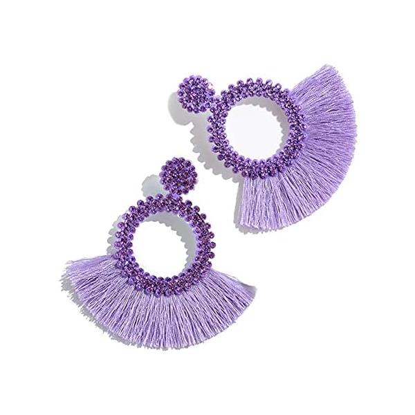 商品名D.Rosse ハンドメイド ボヘミアン タッセル クリスタル ステートメント ドロップ ダングル イヤリング レディース ガールズ フープ フリンジ 軽量 耳 ジュエリー サマーアクセサリー パープルHandmade Bohemia...