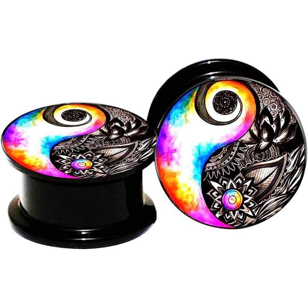 商品名FLYUN 2ピース 陰陽フラワー ブラック アクリル耳栓 トンネル 6-25mm ゲージ ダブルフレアサドルプラグ ストレッチャー エキスパンダー ピアス ジュエリーFLYUN 2PCS Ear Gauge Size 5/8 Gau...