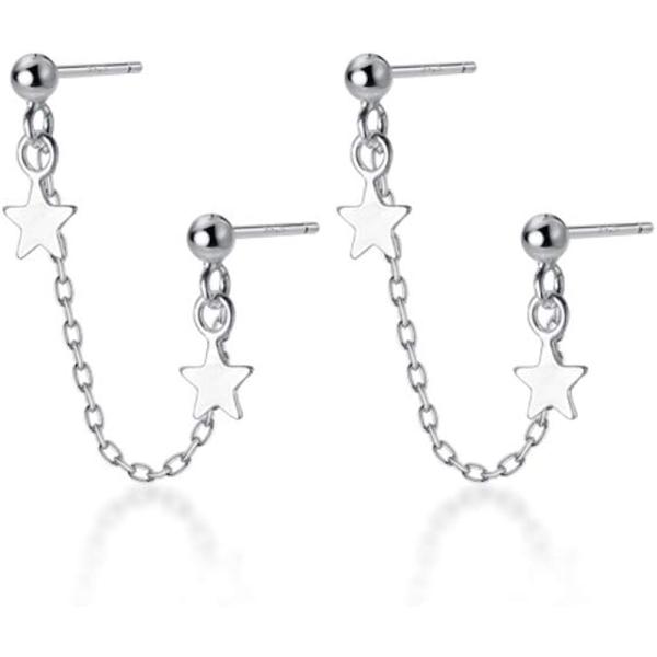 商品名ファッション スター ダングル スタッドピアス S925 スターリングシルバー ミニマリストタッセルチェーン ダングルドロップボール イヤリング スタッドピアス かわいいジュエリー 女性 女の子 敏感な耳Fashion Double ...