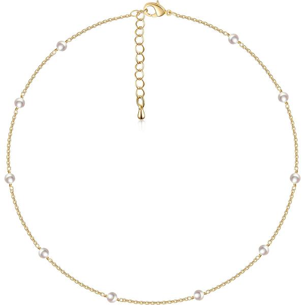 商品名Cowlyn Pearl Choker Dainty Adjustable Necklace 18K Gold Plated Cultured Barque Pearl Tiny Chain Delicate Mother's Val...
