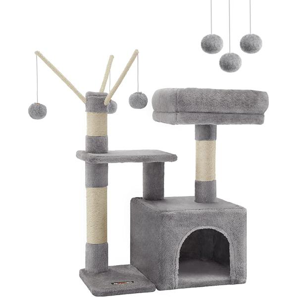 商品名Feandrea Cat Tree, Small Cat Tower with Padded Perch, Cat Cave, 3 Pompoms, Cat Activity Center, Light Gray UPCT121W01...