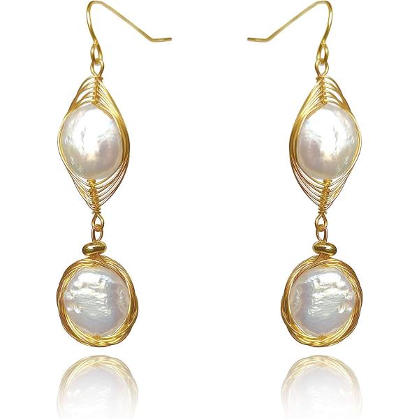 商品名バロックナチュラル淡水パールピアスGold Earrings for Women Trendy Natural Freshwater Pearl Earrings for Women Real Pearl Earrings Dangl...