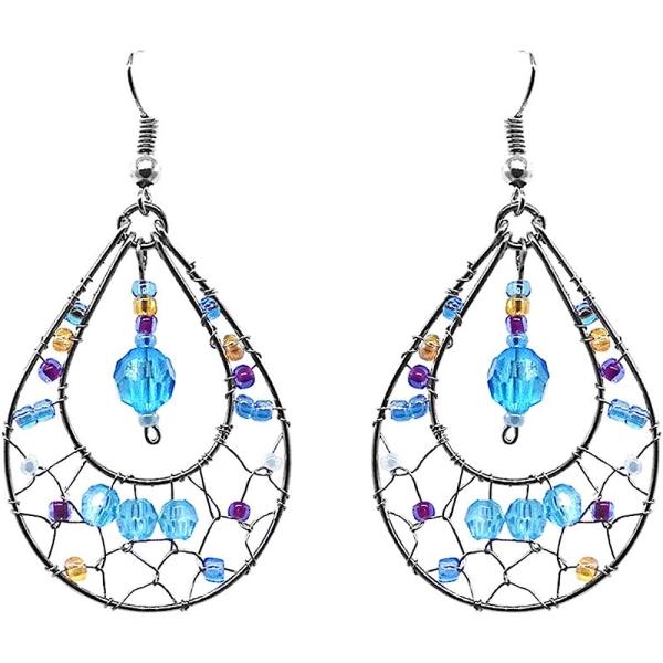商品名Beaded Webbed Teardrop Silver Metal Seed Bead Dangle Earrings - Womens Fashion Handmade Jewelry Boho Accessories (Tur...