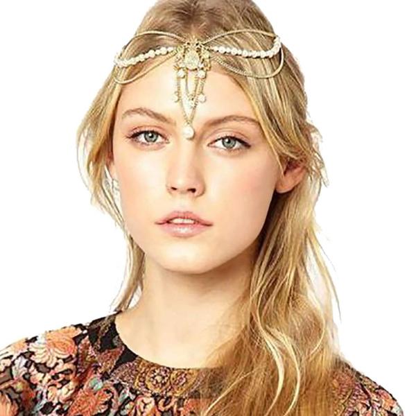 商品名Formery Boho Pendants Head Chain Gold Pearls Layered Headpiece Wedding Proms Party Hair Accessory Jewelry for Women a...