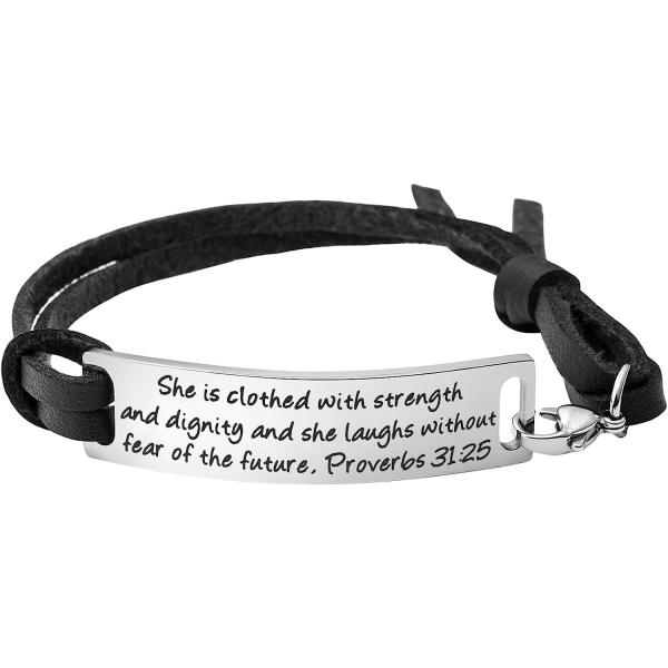 商品名Yiyang インスピレーショナルレザーブレスレット レディース クリスチャン刻印 聖書の言葉 シルバージュエリー, 10 inch, レザーYiyang She is Clothed in Strength and Dignity ...