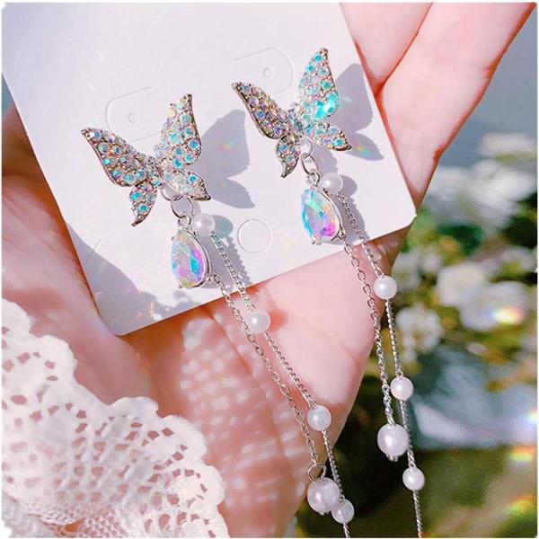 商品名LKEEP Colorful Rhinestone Butterfly Imitation Pearl Tassel Stud Earrings Temperament Stylish Ladies Earrings Accessor...