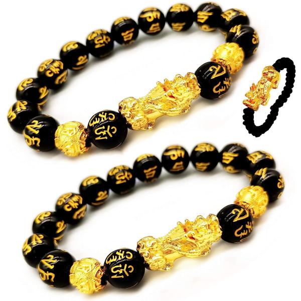 商品名Feng Shui The Best 10mm ブラック 手彫り マントラ ビーズブレスレット Golden Pi Xiu/Pi Yao 幸運のお守りブレスレットFeng Shui The Best 10mm Black Hand C...