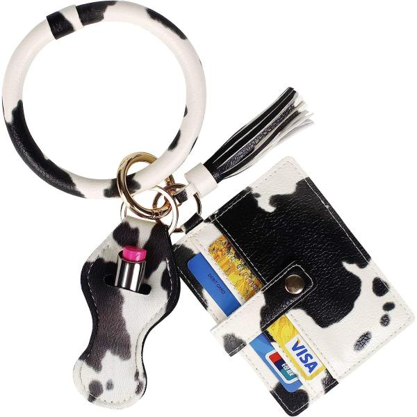 商品名BIHRTC Keychain Bracelet PU Leather Wristlet Round Bangle Card Pocket with Tassels Neoprene Lipstick Holder Wristlet ...