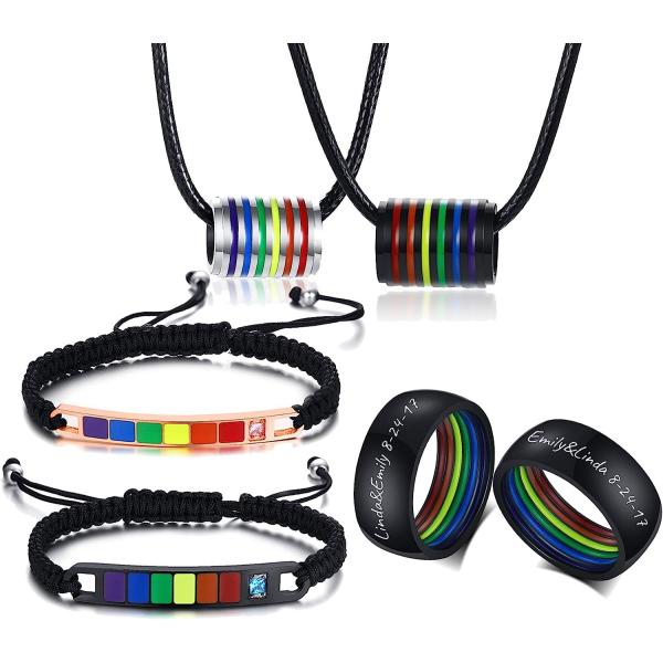 商品名SHNIAN Personalized Gay Lesbian LGBT Pride Jewelry Stainless Steel Rainbow Pride Couple Ring Bracelet Necklace Set Lo...