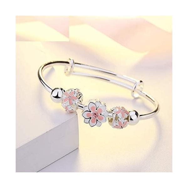 商品名925スターリングシルバー バングル ピンク ホワイト エナメル 桜の花 ブレスレット レディース ラッキービーズブレスレット925 Sterling Silver Bangle Pink White Enamel Cherry Bl...