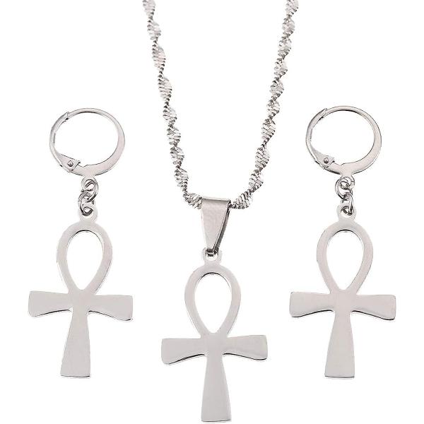 商品名Stainless Steel Egyptian Ankh Cross Pendant Necklace Earrings Egypt Hieroglyphs Crux Ansata Jewelry Set (Silver)ブランド：...