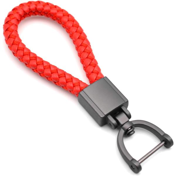 商品名FEYOUN ユニバーサル レッドレザー カーフォブ キーチェーン メタルキーリング 編みストラップ 編組ロープ キーチェーン 男女兼用 マットブラックカラー 360度回転可能 Dリングとドライバー付きUniversal Red Le...