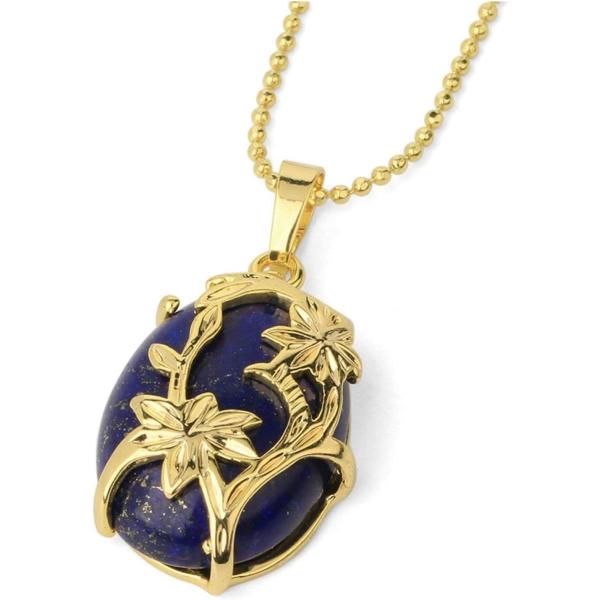 商品名ZZYLHS Natural Gem Stone Oval Pendant Necklace Gold Color Life Flower Reiki Crystal Quartz Lapis for Women Men Trendy...
