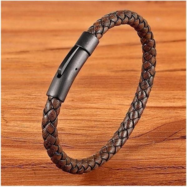 商品名ZZYLHS Classic Style Men Leather Bracelet Simple Black Stainless Steel Button Neutral Accessories Hand-Woven Jewelry ...