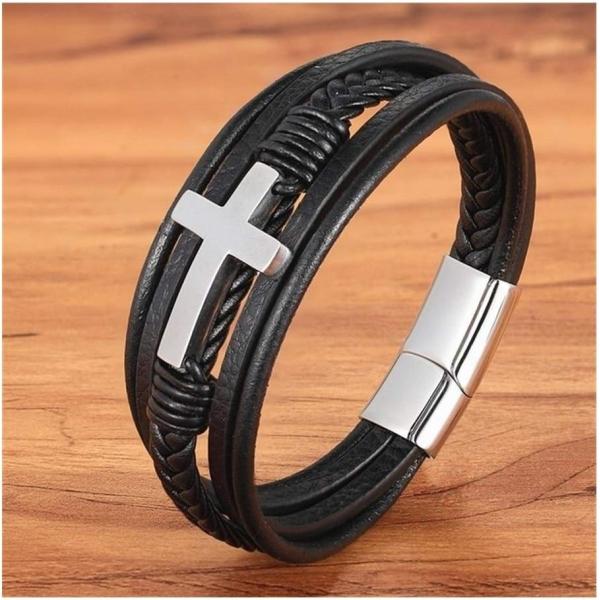 商品名ZZYLHS Cross Style Multi Layer Design Stainless Steel Fashion Men's Leather Bracelet Classic Gift for Men 5 Choose Ac...