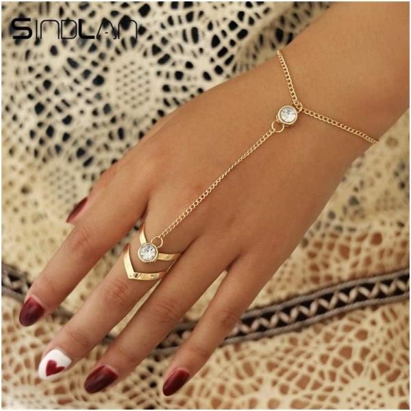 商品名ZZYLHS Big Crystal Ring Bracelet for Women Wrist Chain Jewelry Fashion Hand Back Chain Bangles Female Arm Link Orname...