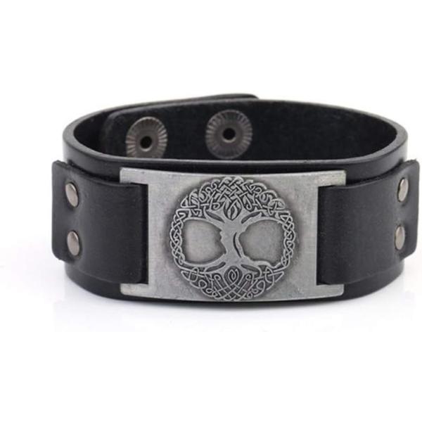 商品名ZZYLHS Wide Leather Bracelet Tree of Life Silver Color Copper Charm Bangle Amulet Wristband Gift Men Accessories (Met...