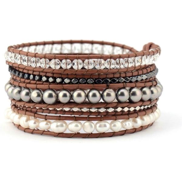 商品名ZZYLHS Exquisite Pearl Crystal Beads 5 Layered Leather Wrap Bracelets with Pearls Weaving Bracelet Jewelry Accessorie...