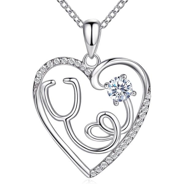 商品名AmorAime 女性用ナースギフト 925スターリングシルバー ハートネックレス 看護師 誕生石ネックレス 聴診器ネックレス 医師 医学生 卒業や誕生日の感謝ギフト, 金属, キュービックジルコニアAmorAime Nurse Gi...