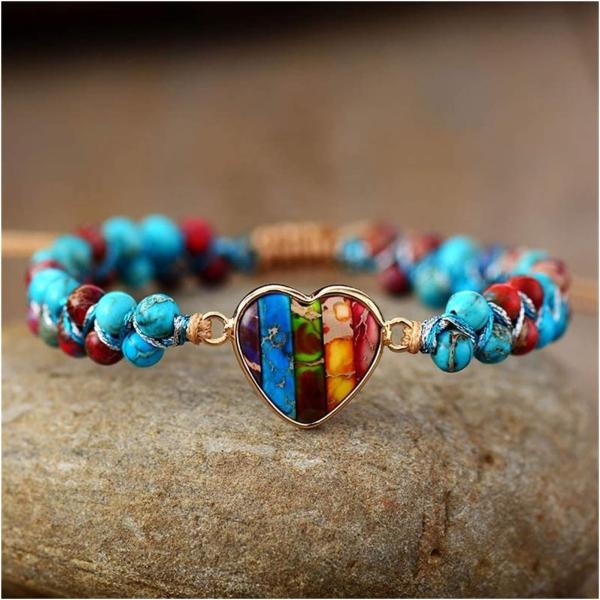 商品名ZZYLHS Lovely Natural Stone Heart Charm String Braided Macrame Bracelets Jaspers Friendship Wrap Bracelet Women Class...