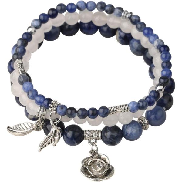 商品名ZZYLHS 3pcs Bracelets Set 4/6/8mm Natural Stones Crystal Rose Flower Charms Strand Bracelet for Women Fashion Jewelry...