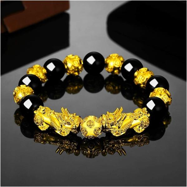 商品名ZZYLHS Feng Shui Obsidian Beads Bracelet Handmade Pixiu Wealth Bracelets for Women Men Charm Buddha Alloy Bracelet Go...