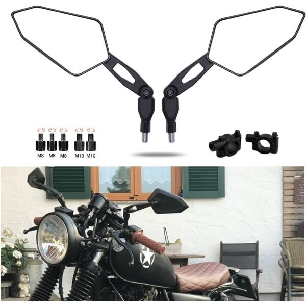 商品名DREAMIZER Balck 8mm 10mm Motorcycle Rear View Mirrors for Handlebars - with Clamp Mount,Fits for Bobber Street Bike C...