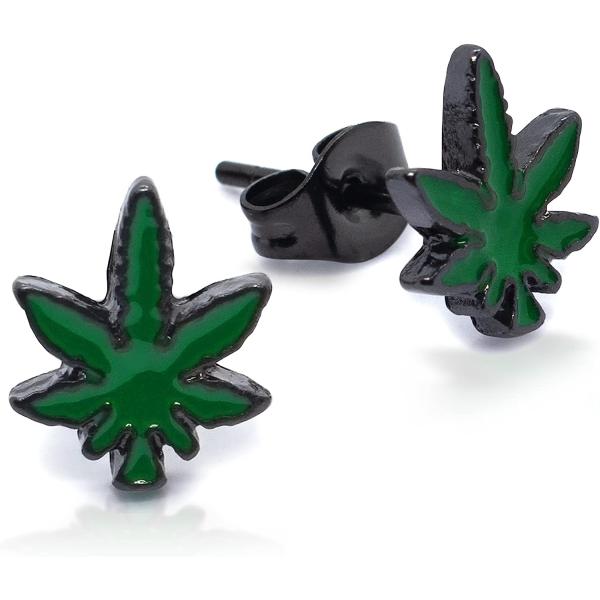 商品名Pierce2GO 316Lピアス マリファナの葉のペンダント ペアPierce2GO Stud Earrings 316L Stainless Steel Anodized Black Ear Studs with Green Ma...