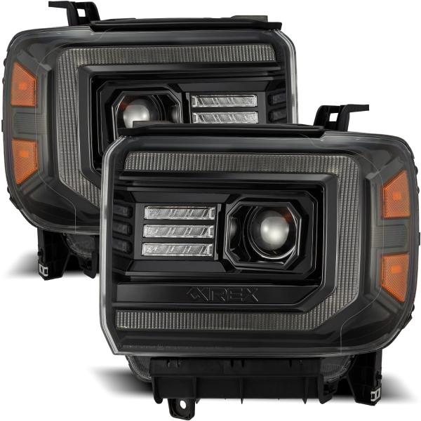 商品名AlphaRex プロシリーズ アルファブラック 14-18 GMC Sierra 1500/15-18 Sierra 2500HD/3500HD LED DRL チューブプロジェクターヘッドライトAlphaRex Pro-Serie...