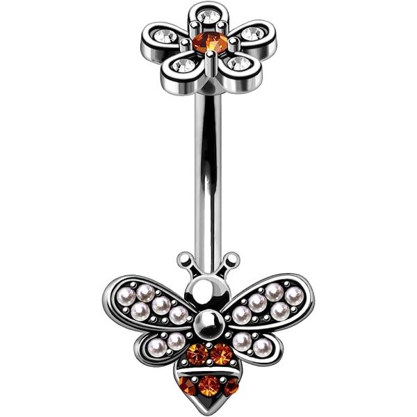 商品名Amelia Fashion 14GA Clear/Topaz/Pearl Flower and Bee Navel Ring Externally Threaded 316L Stainless Steel (Topaz &amp;...