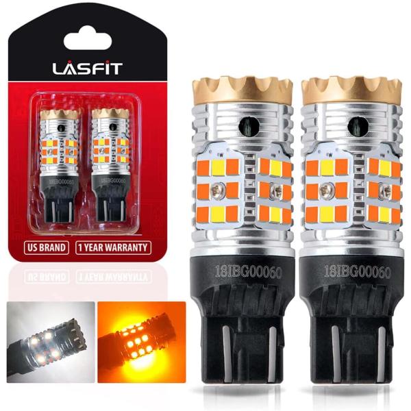 商品名LASFIT Canbus Ready 7443 LED電球 7444 エラーフリー 7444na フロントウィンカー用 デュアルカラー 昼間稼働 (DRL) パーキングライト プラグ&amp;プレイのみ 標準ソケットアンバー/ホワイ...