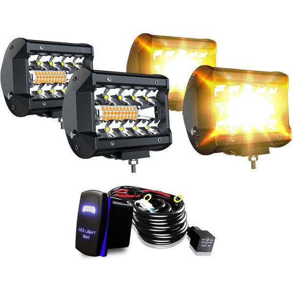 商品名ASLONG 4個 4インチ ホワイト/アンバー イエロー LED ポッド ライト 3列 スポット フラッド コンボ LED バー オフロード ドライビング フォグランプ 60W 配線ハーネス 1個 3つのギアロッカースイッチ付き ピ...