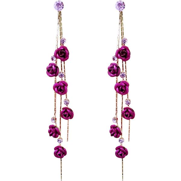 商品名ローズフラワードロップイヤリング レディース パープルレッド ロングタッセル ダングルイヤリング 結婚式 パーティー ジュエリー アクセサリー ギフト パープルRose Flower Drop Earrings For Women P...
