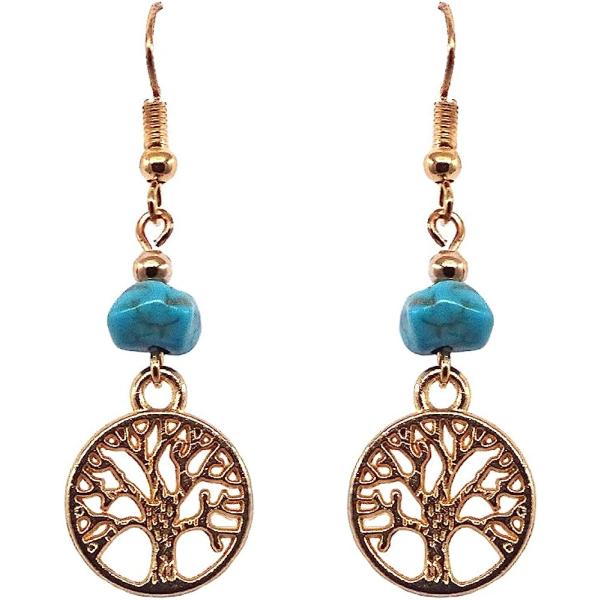 商品名Gold Colored Tree of Life Metal Charm Chip Stone Dangle Earrings - Womens Fashion Handmade Jewelry Boho Accessories (...