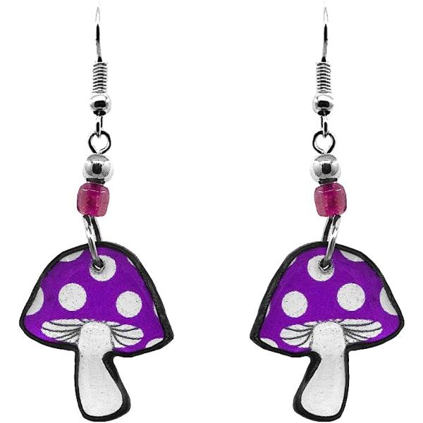 商品名Toadstool Mushroom Graphic Dangle Earrings - Womens Psychedelic Fashion Handmade Jewelry Nature Accessories (Purple/W...