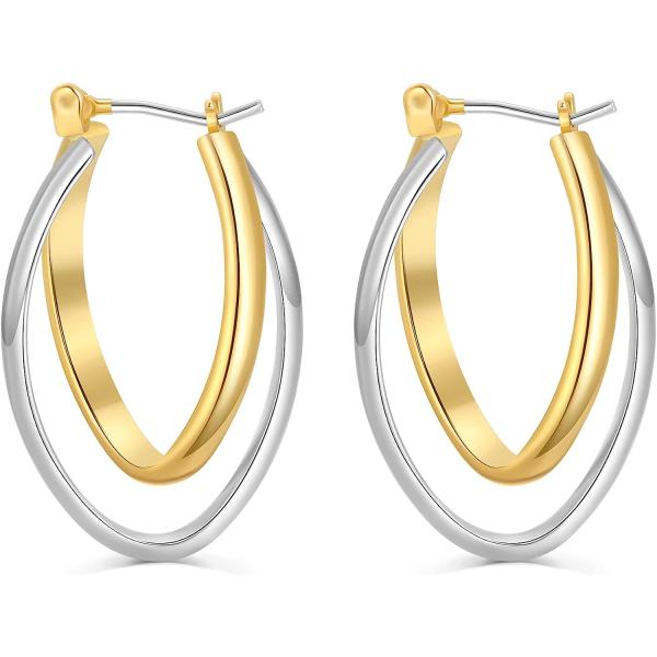 商品名FAMARINE ゴールド&amp;シルバー フープピアス ツートーン 絡み合う楕円形 光沢仕上げ フープピアス レディース ティーン向けFAMARINE Gold and Silver Hoop Earrings Two-Tone ...