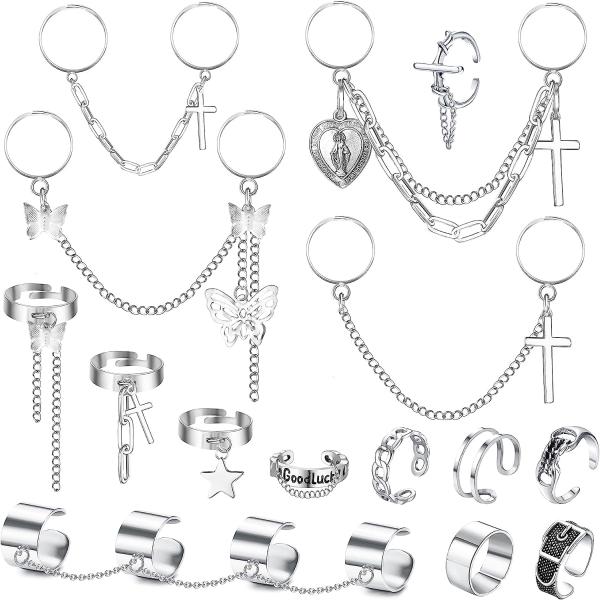 商品名Ubjuliwa 15個 チェーンフィンガーリング 調節可能なゴシックリングセット Eboyリング エモパンクリング アクセサリー Alt Goth リング チェーン付き スタッカブルステートメントリング, Adjustable, 合...