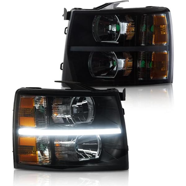 商品名CNNELL LED DRL ヘッドライトアセンブリ 2007-2013 シボレーシルバラードヘッドライトバンパーランプセット 交換用 (LED句タイプ スモーキーレンズ ブラックハウジング アンバーリフレクター) 左+右CNNELL...