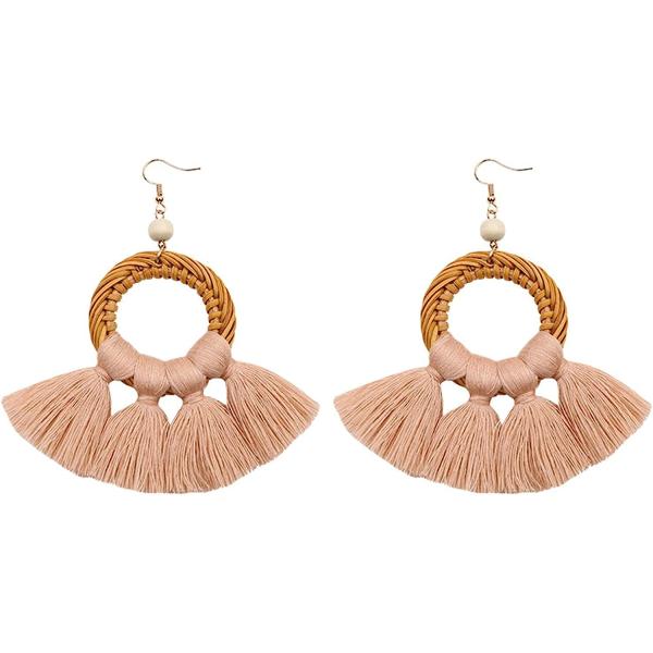 商品名Bohemian Large Circle Wooden Rattan Tassel Dangle Earrings Ethnic Handmade Woven Thread Fringe Drop Earrings for Wome...