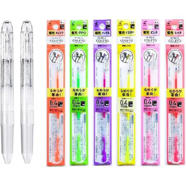 商品名パイロット Hi-Tec-C Coleto ゲルインクペン 0.4mm 3イン1 透明ボディ 2パック&amp;蛍光色詰め替え6本セット 漢字LOVEステッカー付きPilot Hi-Tec-C Coleto Gel Ink Pen 0...
