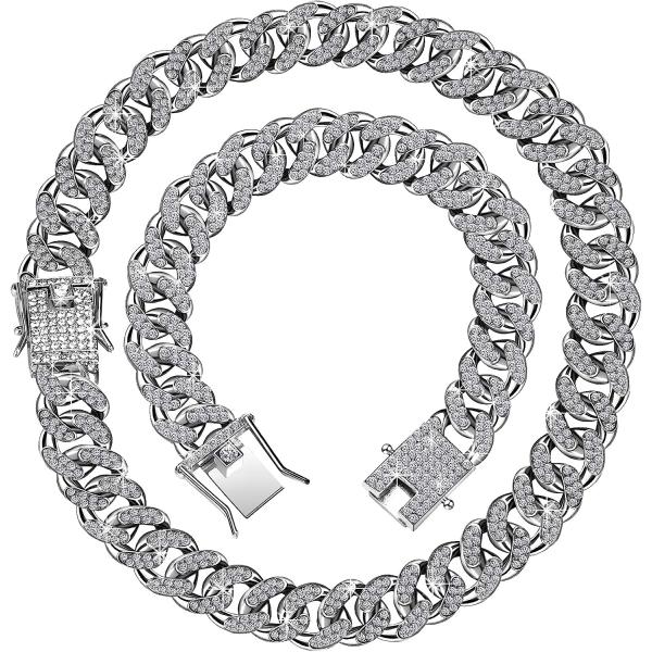 商品名2ピース 12mm キューバチェーンネックレス ブレスレット 頑丈 リンクチェーンネックレス キラキラネックレスチェーン メンズ レディース, シルバー, 23.6 Inch, 7.87 Inch2 Pieces 12 mm Cuba...