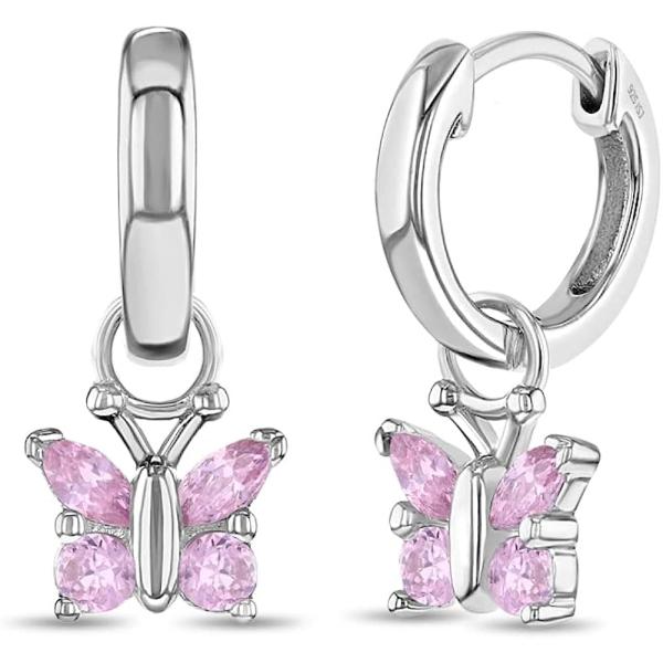 商品名925 スターリングシルバー キュービックジルコニア バタフライ ダングル フープ イヤリング 若い女の子とプレティーンズ用 - 可愛いバタフライイヤリング 女の子用, スターリングシルバー, キュービックジルコニア925 Sterl...