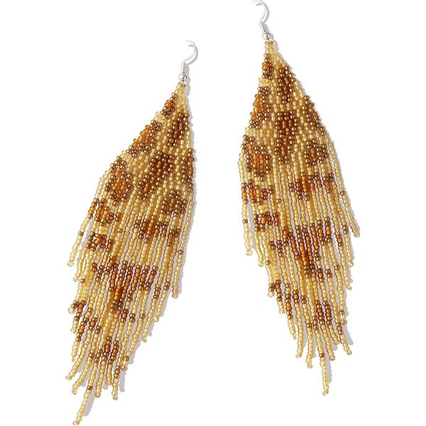 商品名Long Beaded Tassel Earrings   Leopard Print Fringe Drop Earrings, Seed Bead Tribal Dangle Earrings, Pendientes De Bor...