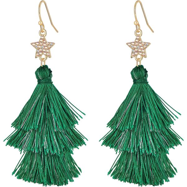 商品名INNERDIVA Christmas Tree Earrings for Women 3-layered Green Thread Tassel Dangle Earrings with A Paved Stone Star on ...